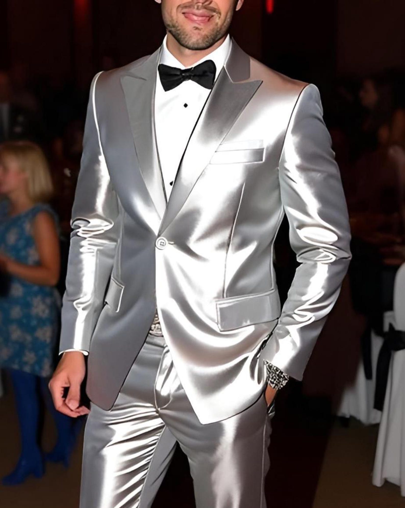 Men's Stylish Partywear Satin Suiting Fabric Silver Color Coat Pant Set ...