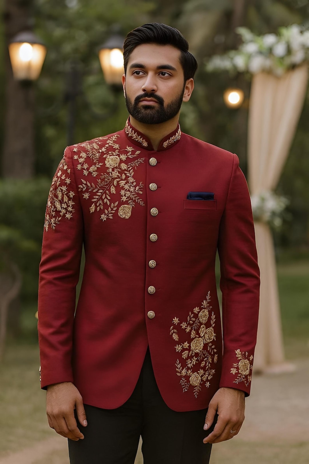 Red Color Heavy Embroidered Suiting Fabric Jodhpuri Bandhgala Suit for ...