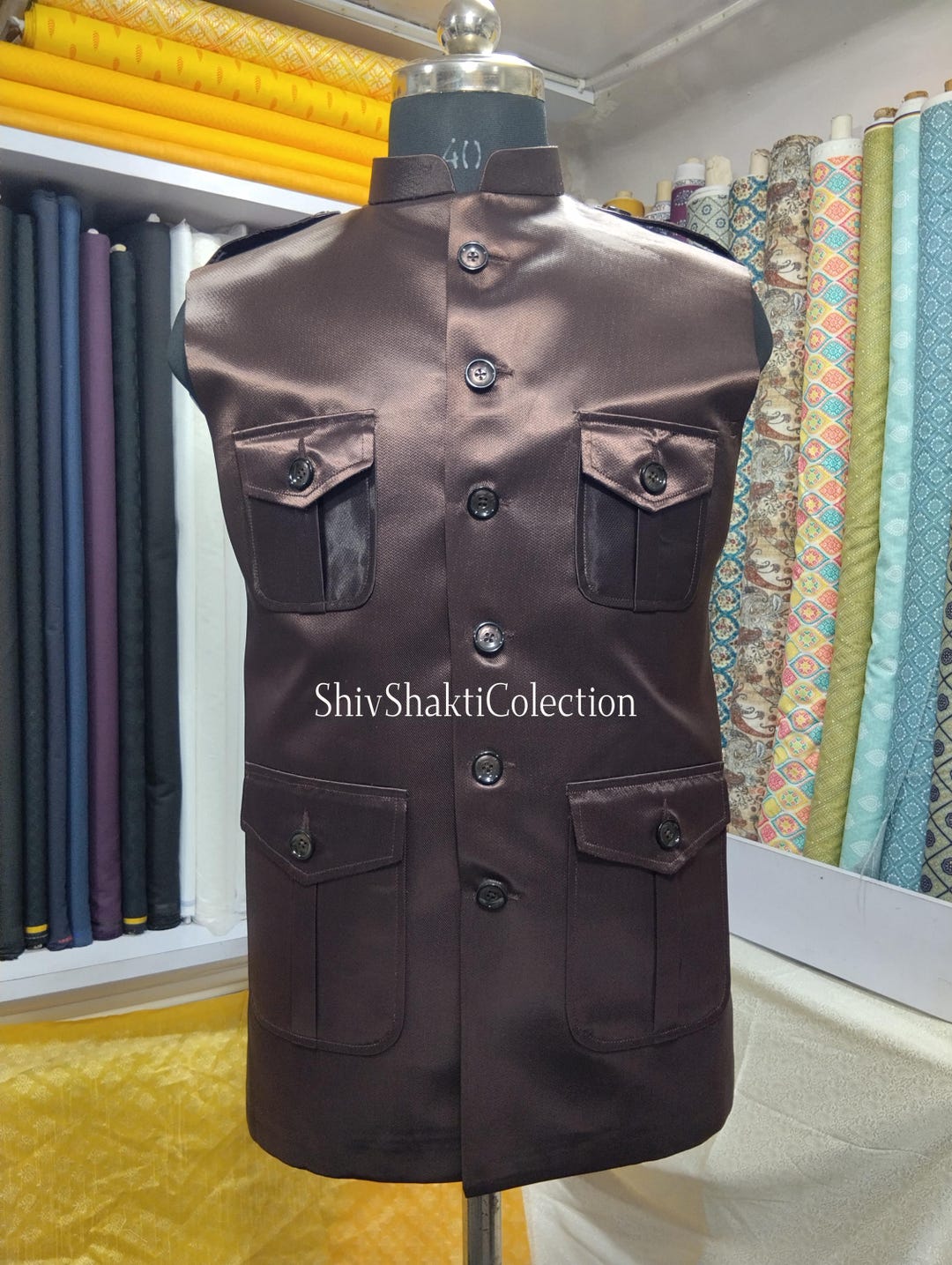 Stylish Dark Brown Color Shiny Suiting Fabric Hunting Jacket With White ...