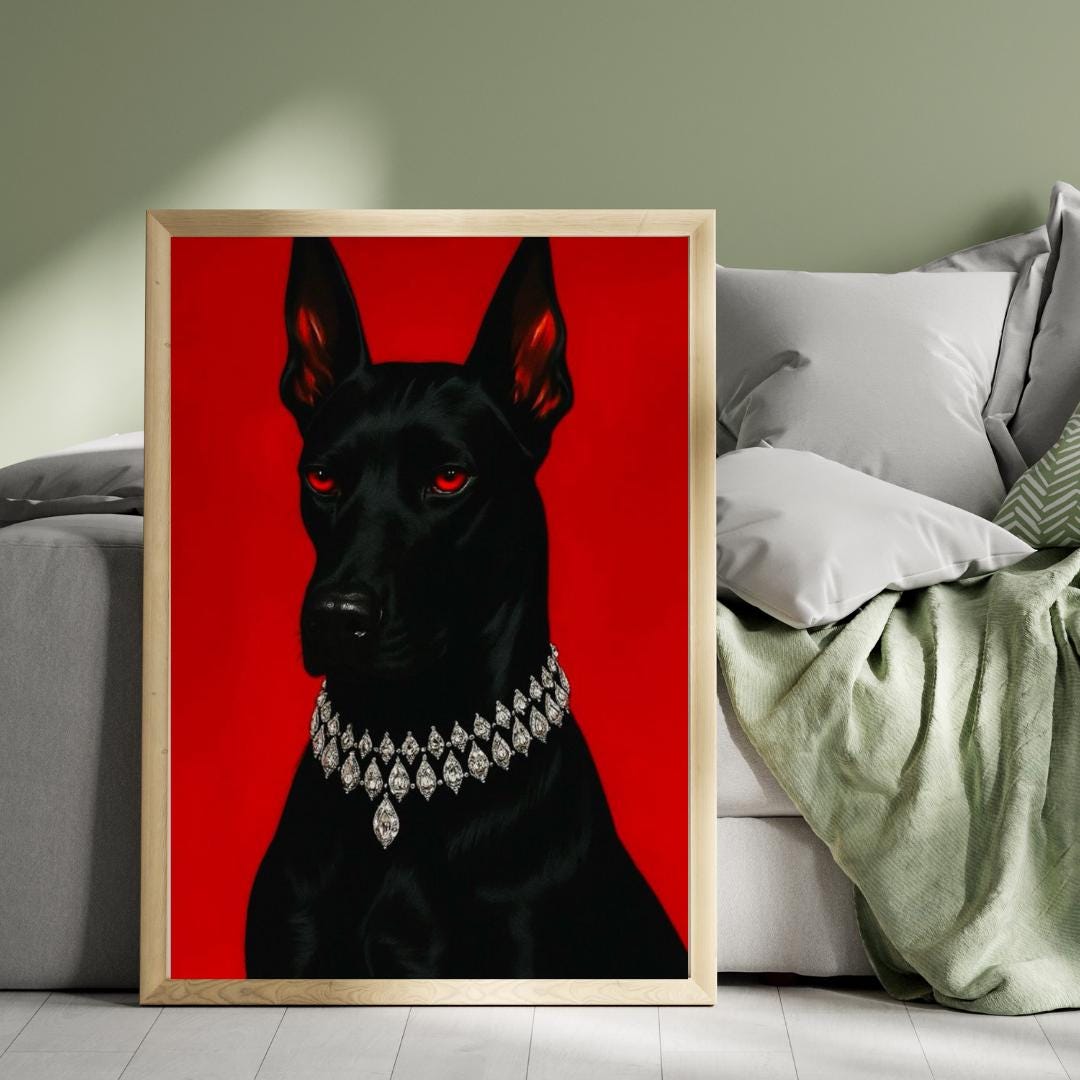 Black Doberman Dog Portrait Wall Art, Red Background Gothic Animal Art ...
