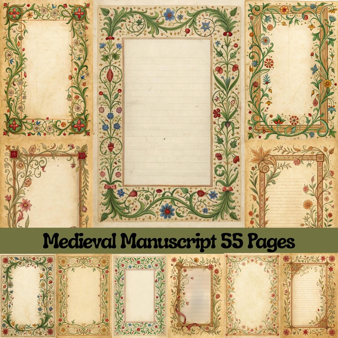 Illuminated Medieval Floral Parchment Pages | Vintage Manuscript ...