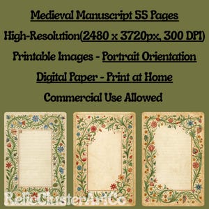 Illuminated Medieval Floral Parchment Pages | Vintage Manuscript ...