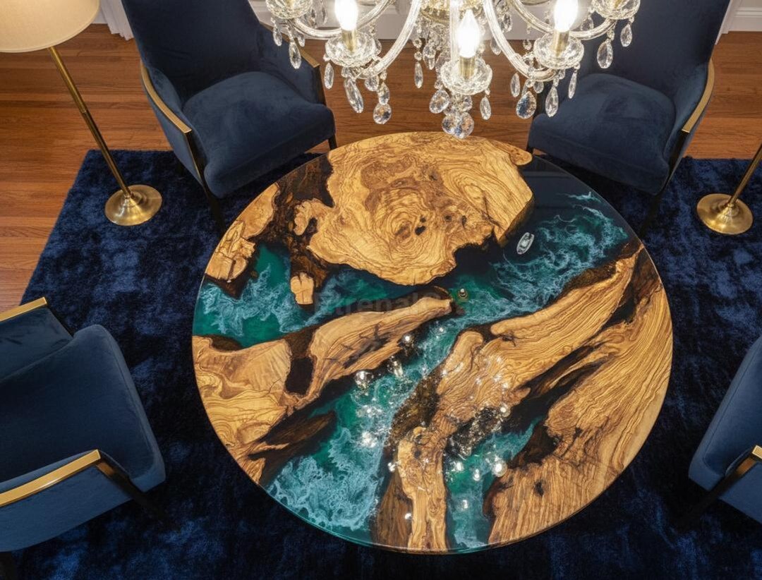 Round Live Edge Wood Ocean Blue Epoxy River Table Handmade Resin Art ...