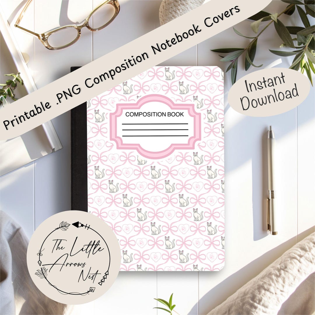 Printable Cute Cat Coquette Composition Notebook Cover Cute Kids School ...