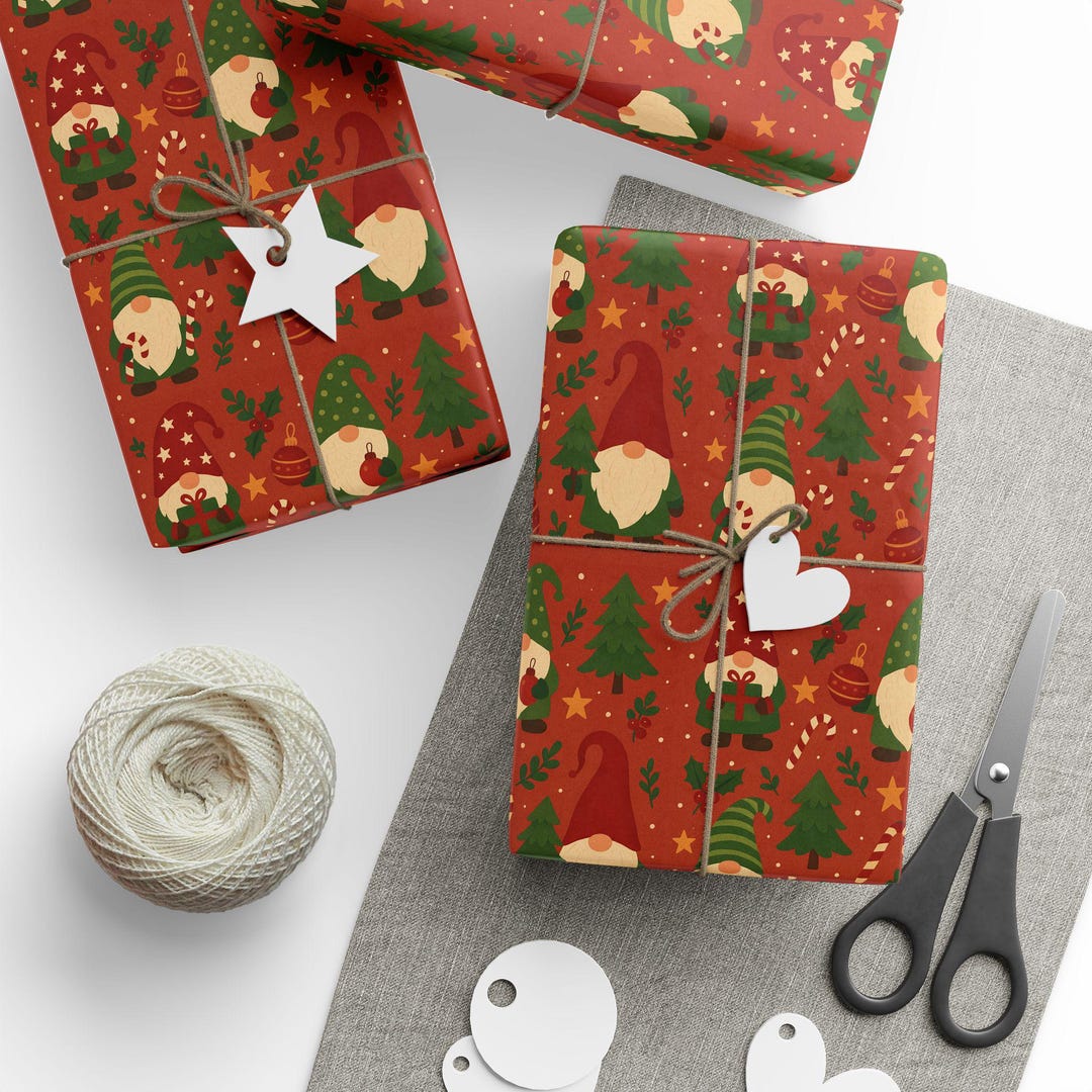 Christmas Gnome Wrapping Paper Red Holiday Festive - Etsy