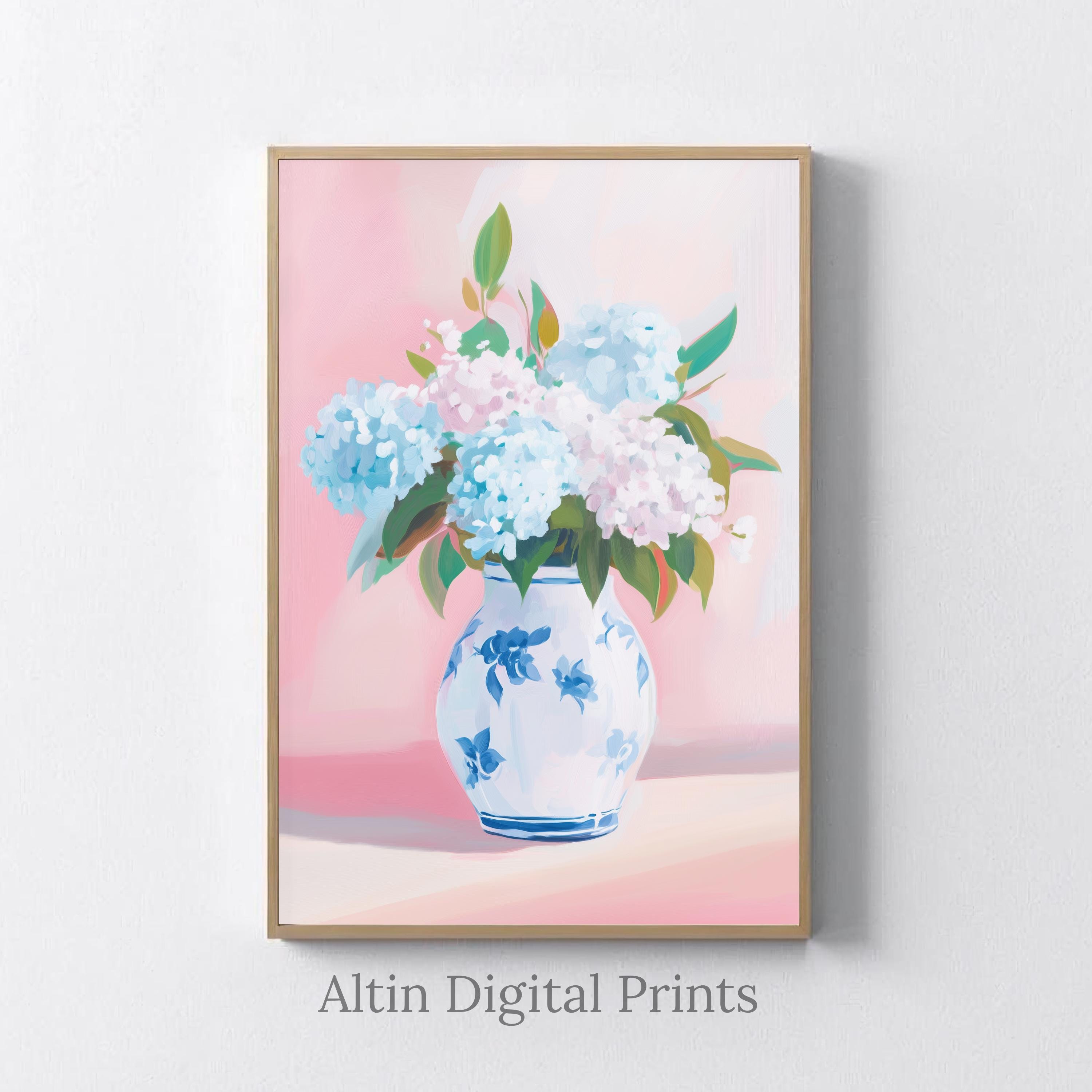 Blue Pink Hydrangeas Chinoiserie Vase Art Print, Pink Background Floral ...