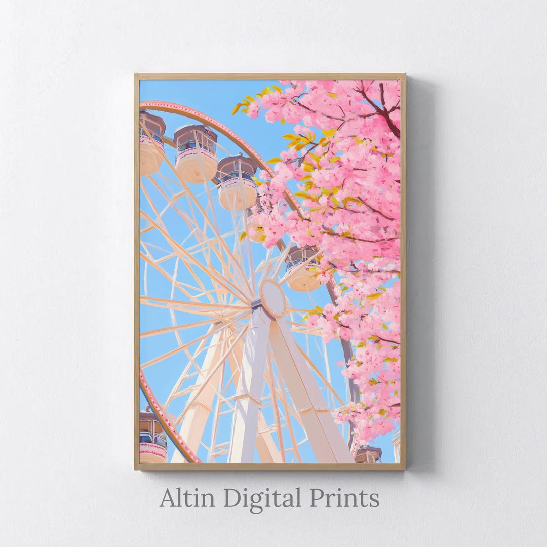Pink Cherry Blossom & Ferris Wheel Art Print, Spring Carnival Fair ...