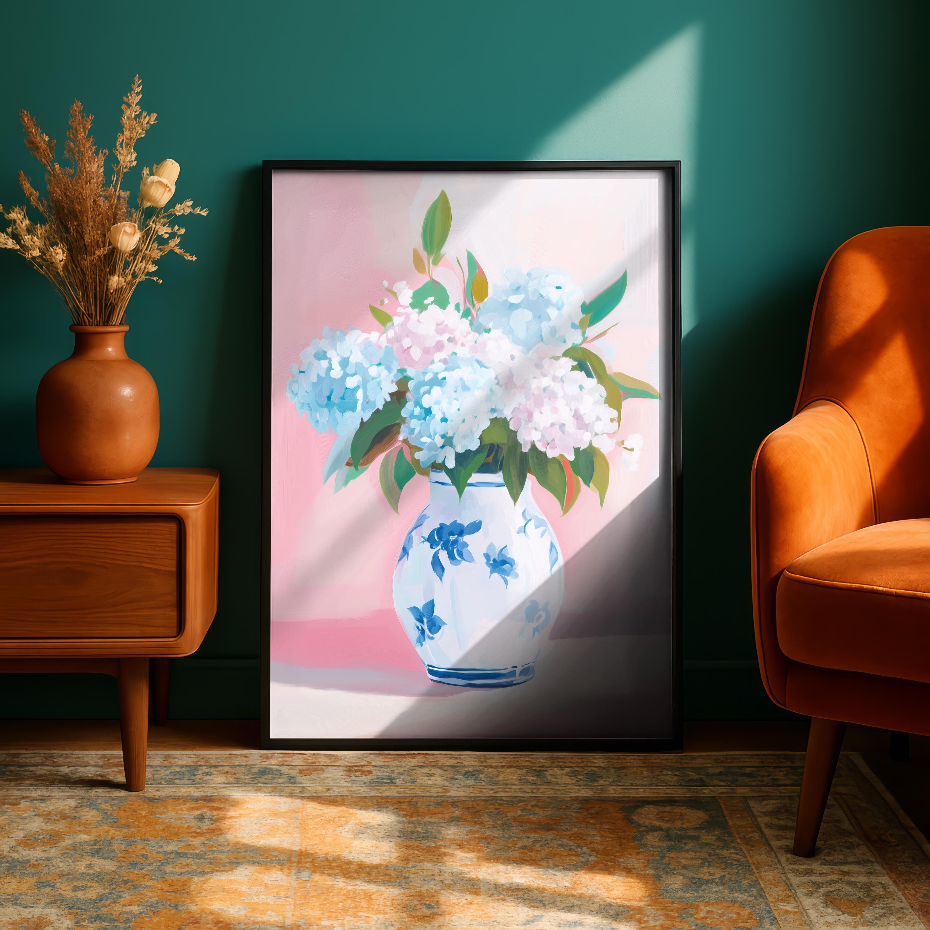 Blue Pink Hydrangeas Chinoiserie Vase Art Print, Pink Background Floral ...