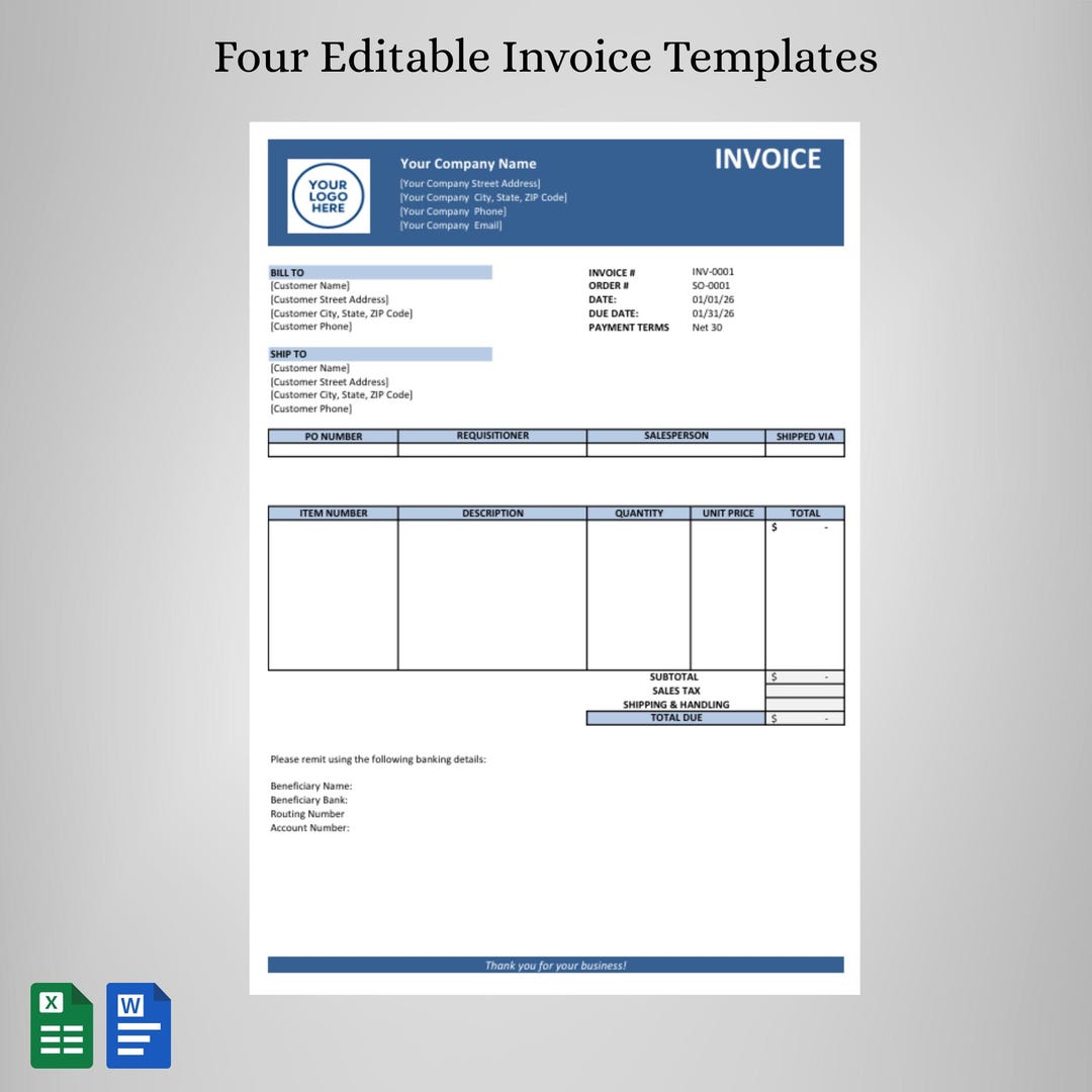 Product Sales Invoice Template | Editable Excel + Word (digital ...