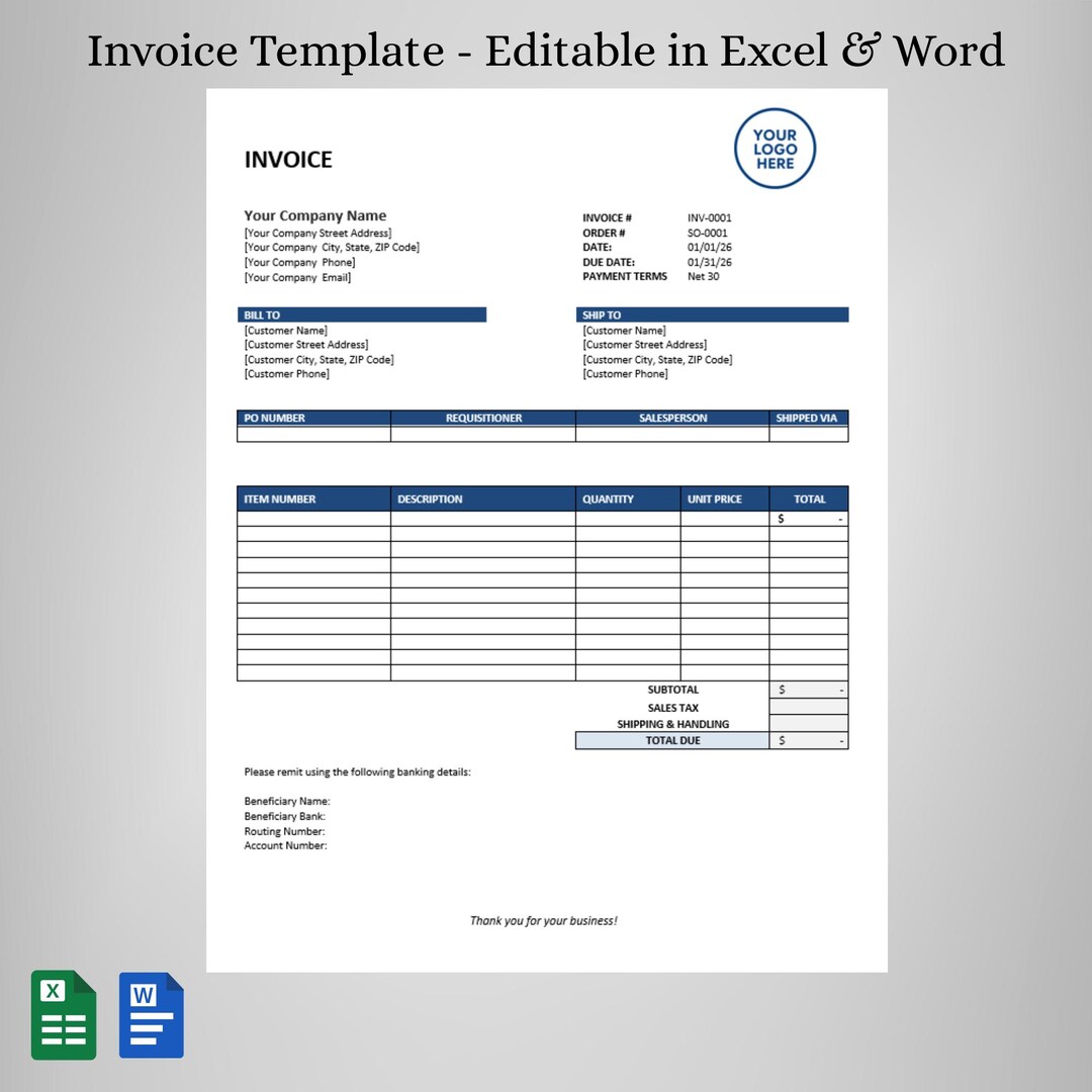 Product Sales Invoice Template | Editable Excel + Word (digital ...