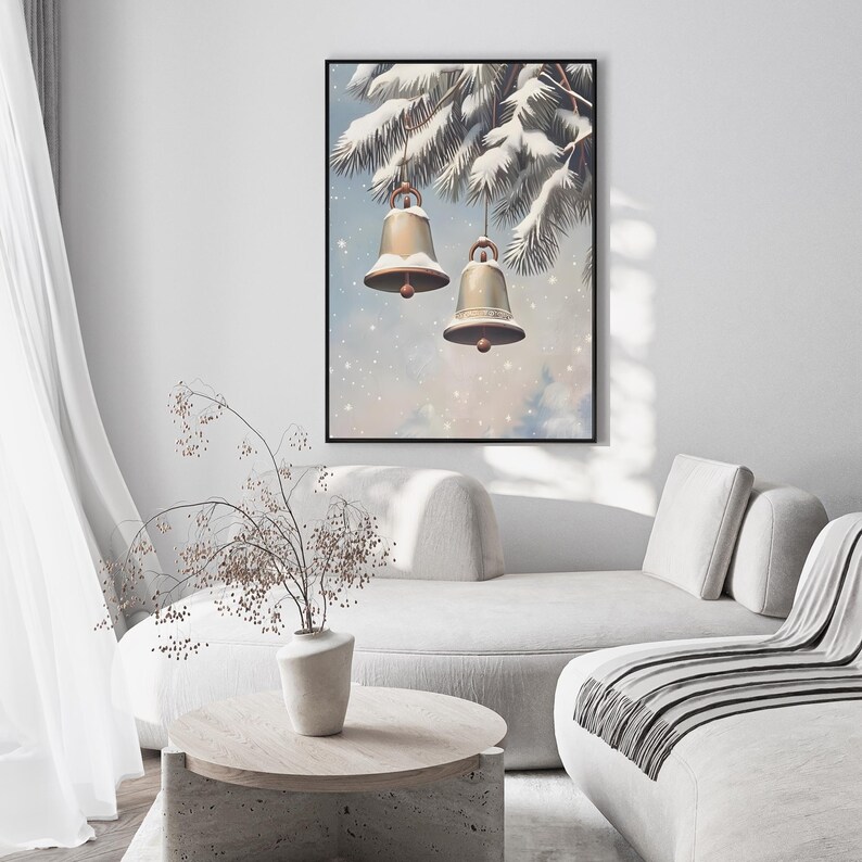 Pastel Christmas Bells Wall Art – Snowy Pine Branch Winter Illustration ...