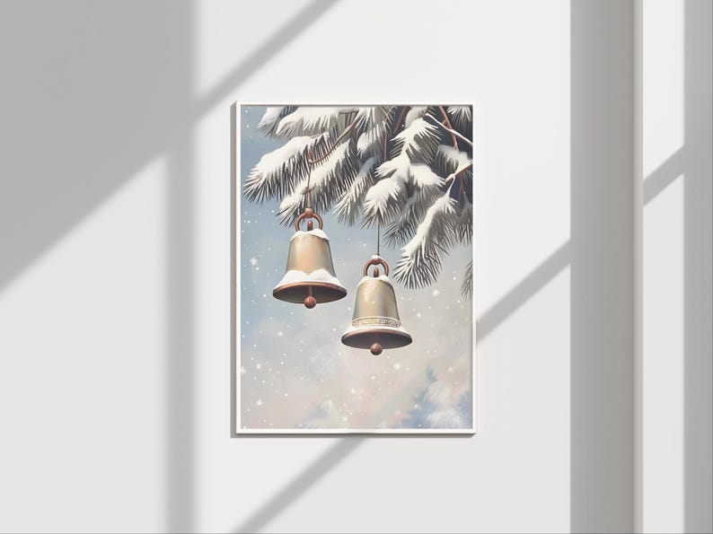 Pastel Christmas Bells Wall Art – Snowy Pine Branch Winter Illustration ...