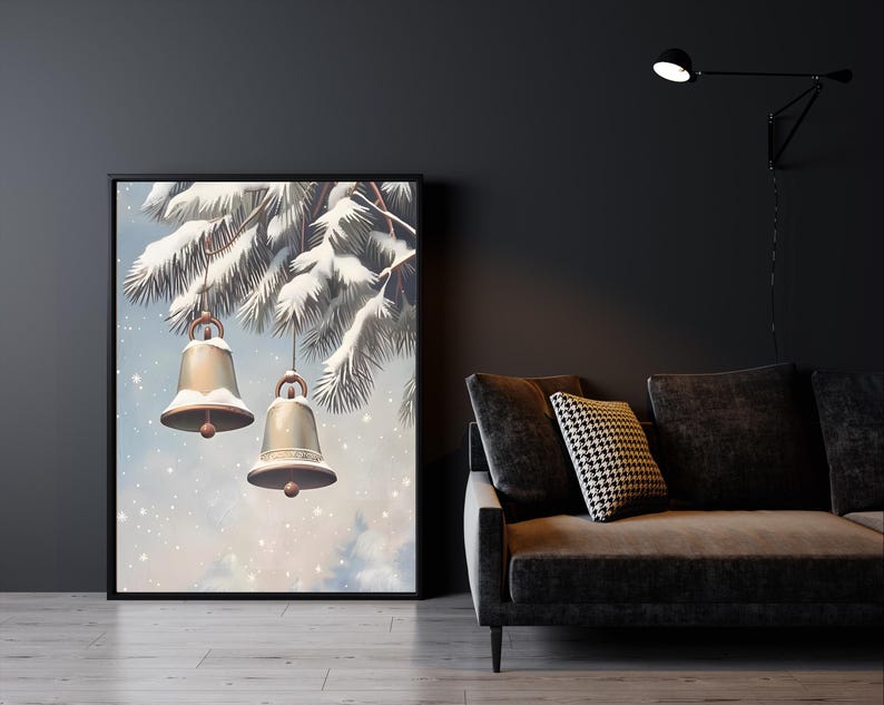 Pastel Christmas Bells Wall Art – Snowy Pine Branch Winter Illustration ...