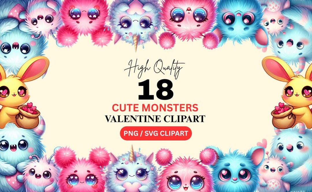Whimsical Cute Valentine Monsters Clipart, Cute Monsters Valentine PNG ...