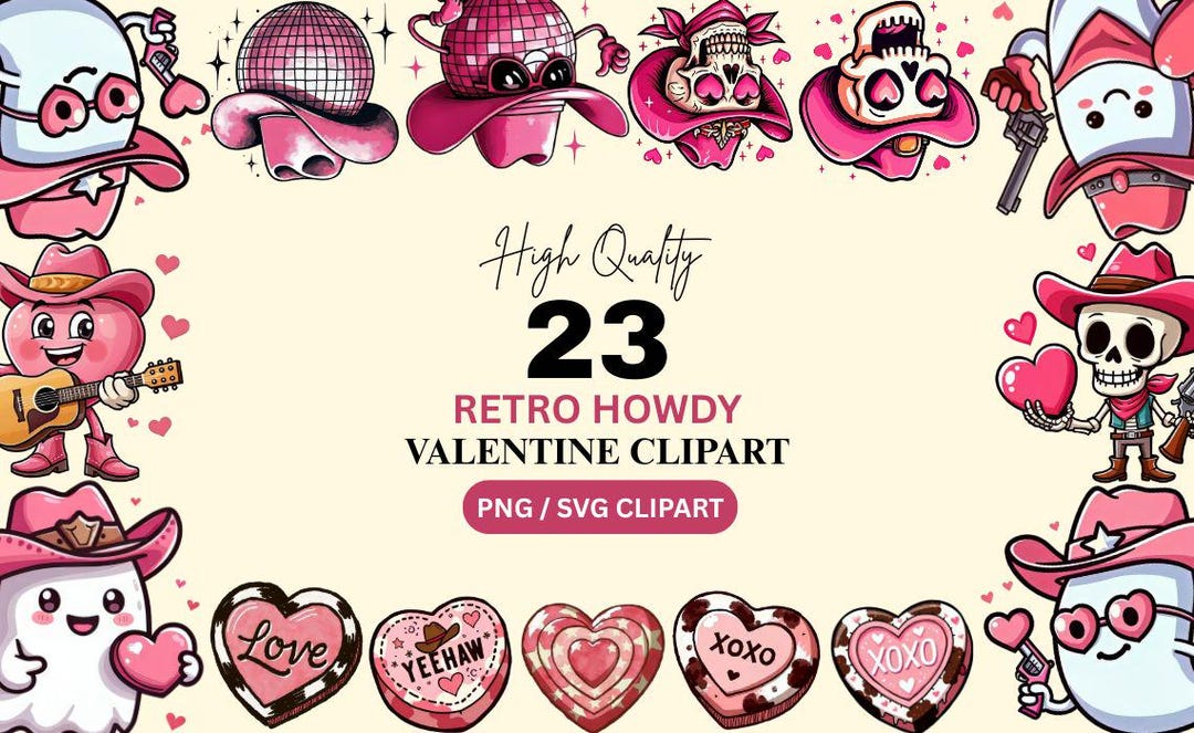 Whimsical Retro Howdy Valentine Clipart, Cute Valentine PNG & SVG ...