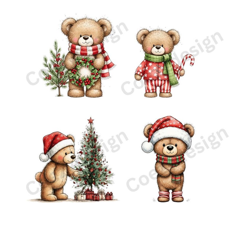 Christmas Teddy Bear Clipart | 50 Watercolor Holiday PNG Graphics ...