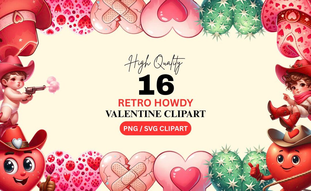 Whimsical Howdy Valentine Clipart Cute Howdy Valentine PNG & SVG, Happy ...