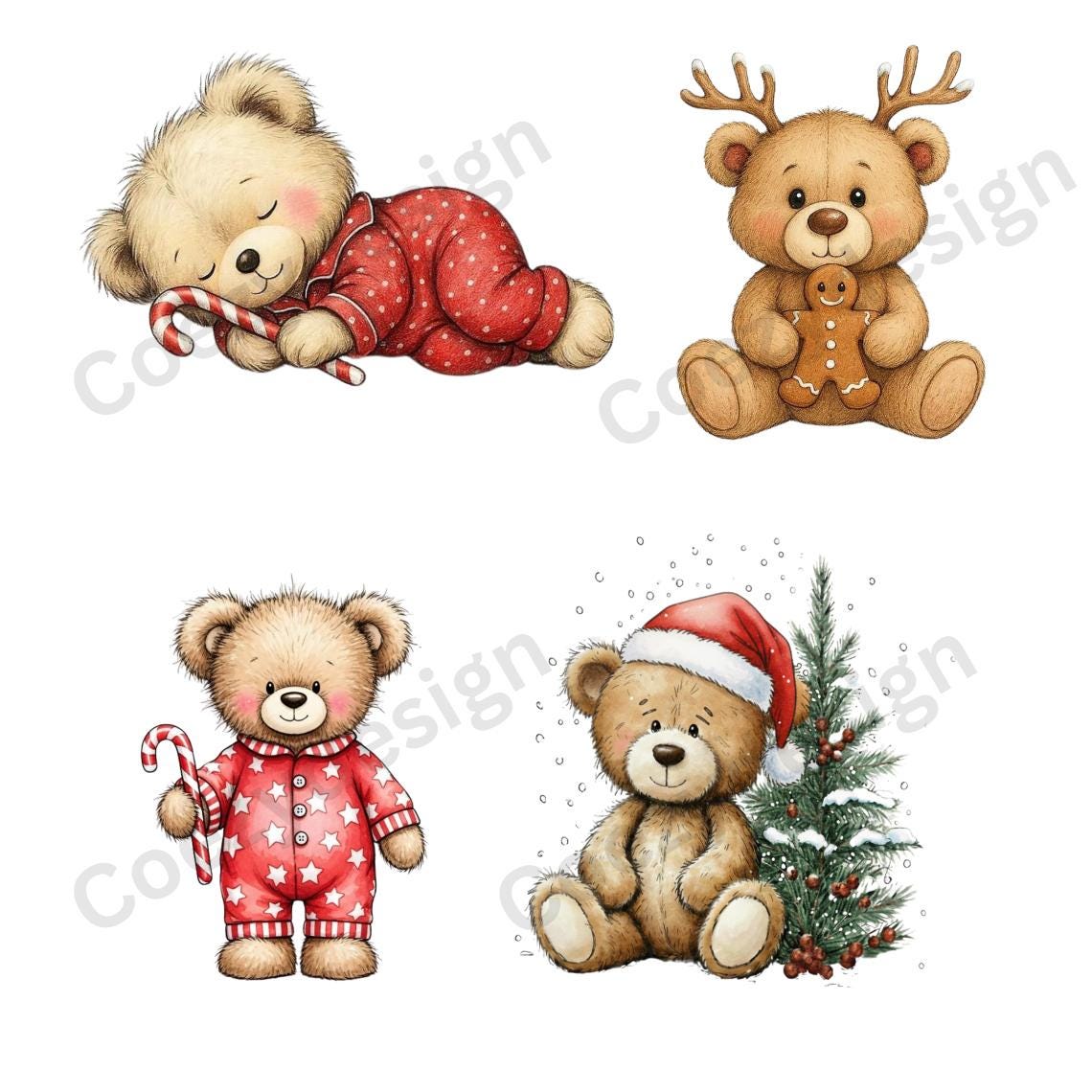 Christmas Teddy Bear Clipart | 50 Watercolor Holiday PNG Graphics ...