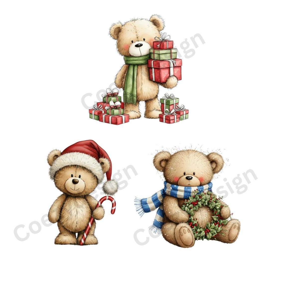 Christmas Teddy Bear Clipart | 50 Watercolor Holiday PNG Graphics ...