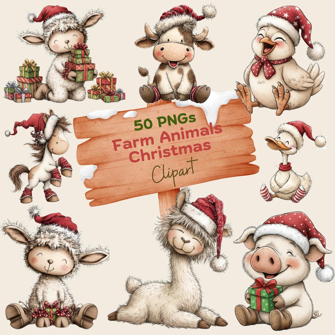 Farm Animals Christmas Clipart | Whimsical Festive Animal PNG Bundle ...