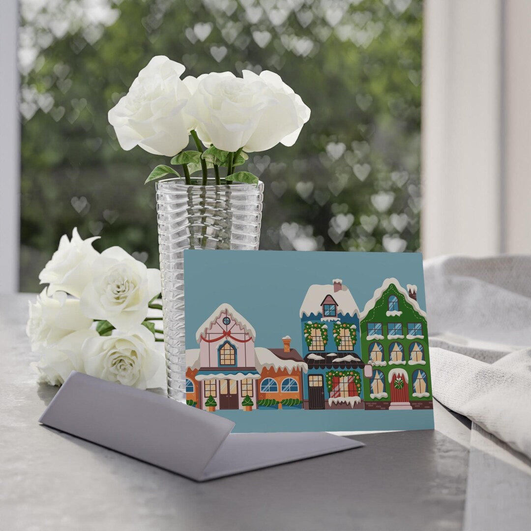 Snowy Holiday Village Holiday Cards | One-sided Christmas Card - Etsy