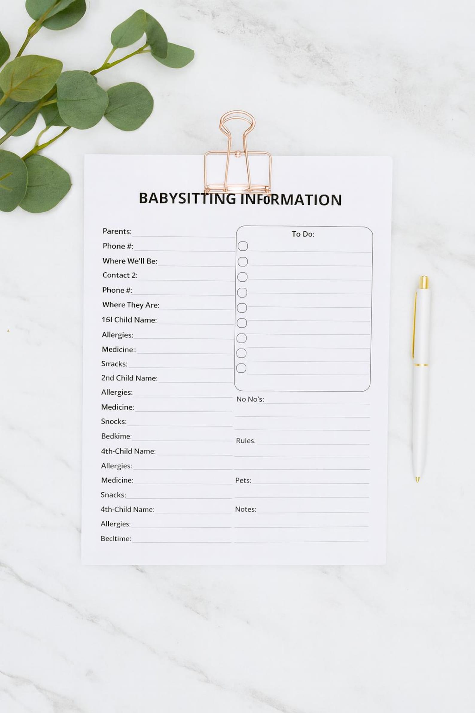 Babysitting Log Printable | Babysitter Info Sheet & Emergency Contacts ...
