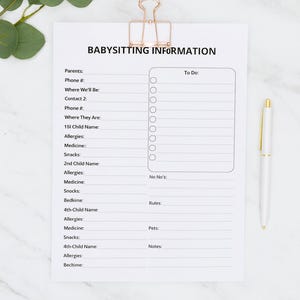 Babysitting Log Printable | Babysitter Info Sheet & Emergency Contacts ...
