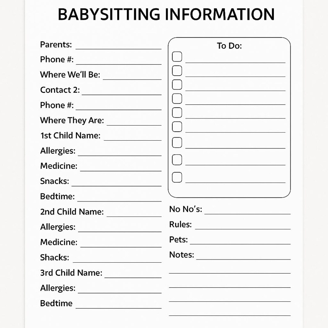 Babysitting Log Printable | Babysitter Info Sheet & Emergency Contacts ...