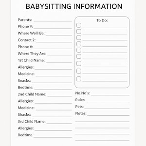 Babysitting Log Printable | Babysitter Info Sheet & Emergency Contacts ...