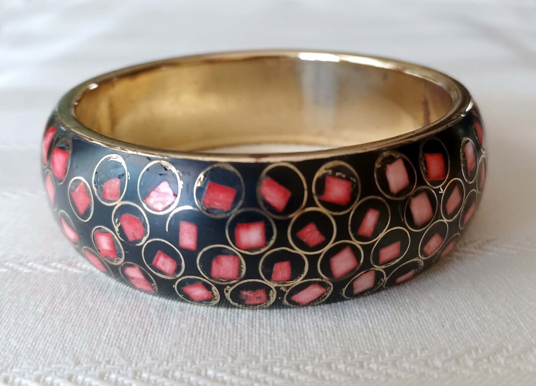 Bangle Gold Brass Inlaid Squiggle Shapes Vintage Bracelet Wide Unique ...