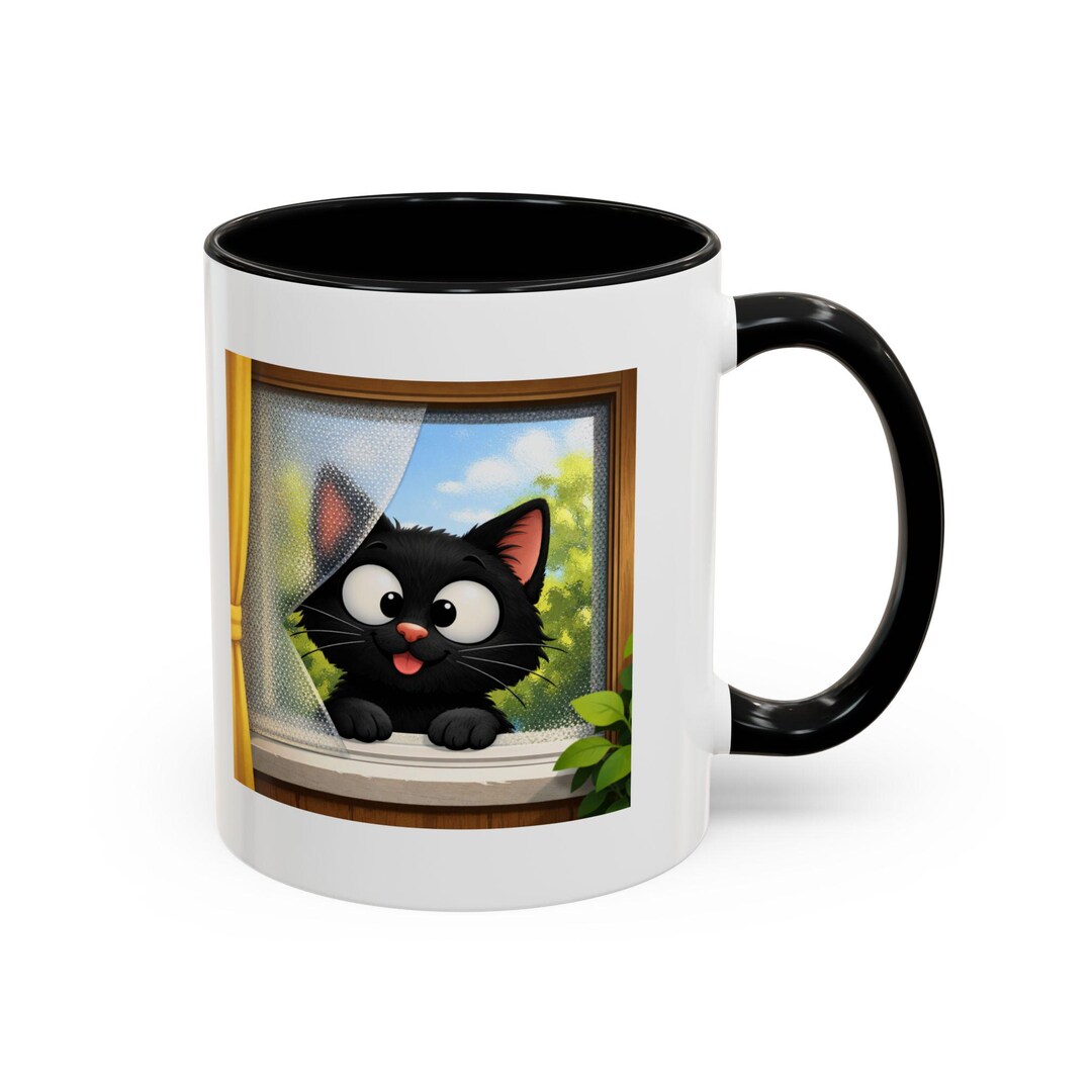 Curious Black Cat Peek Window Mug | Accent Coffee Mug - Etsy