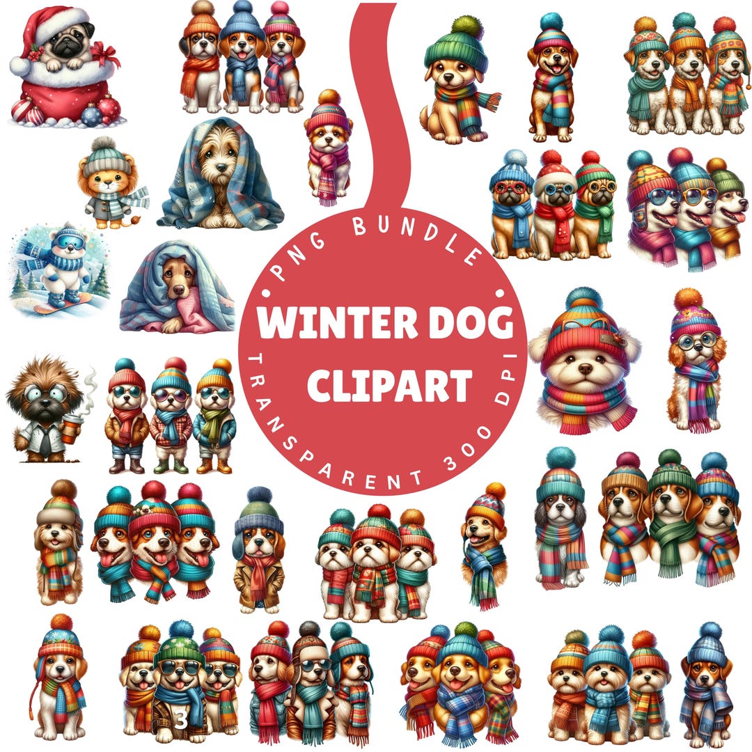 Winter Dogs Clipart Bundle: 30 Transparent Pngs 300 DPI, Puppy ...