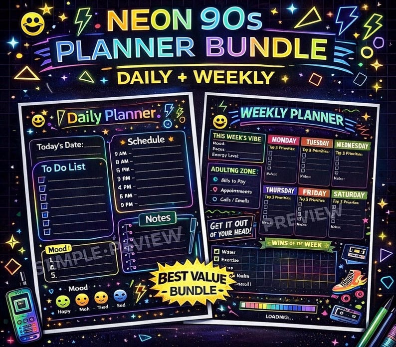 Neon 90s Planner Bundle | Daily + Weekly | Retro Y2K Adult Planner - Etsy