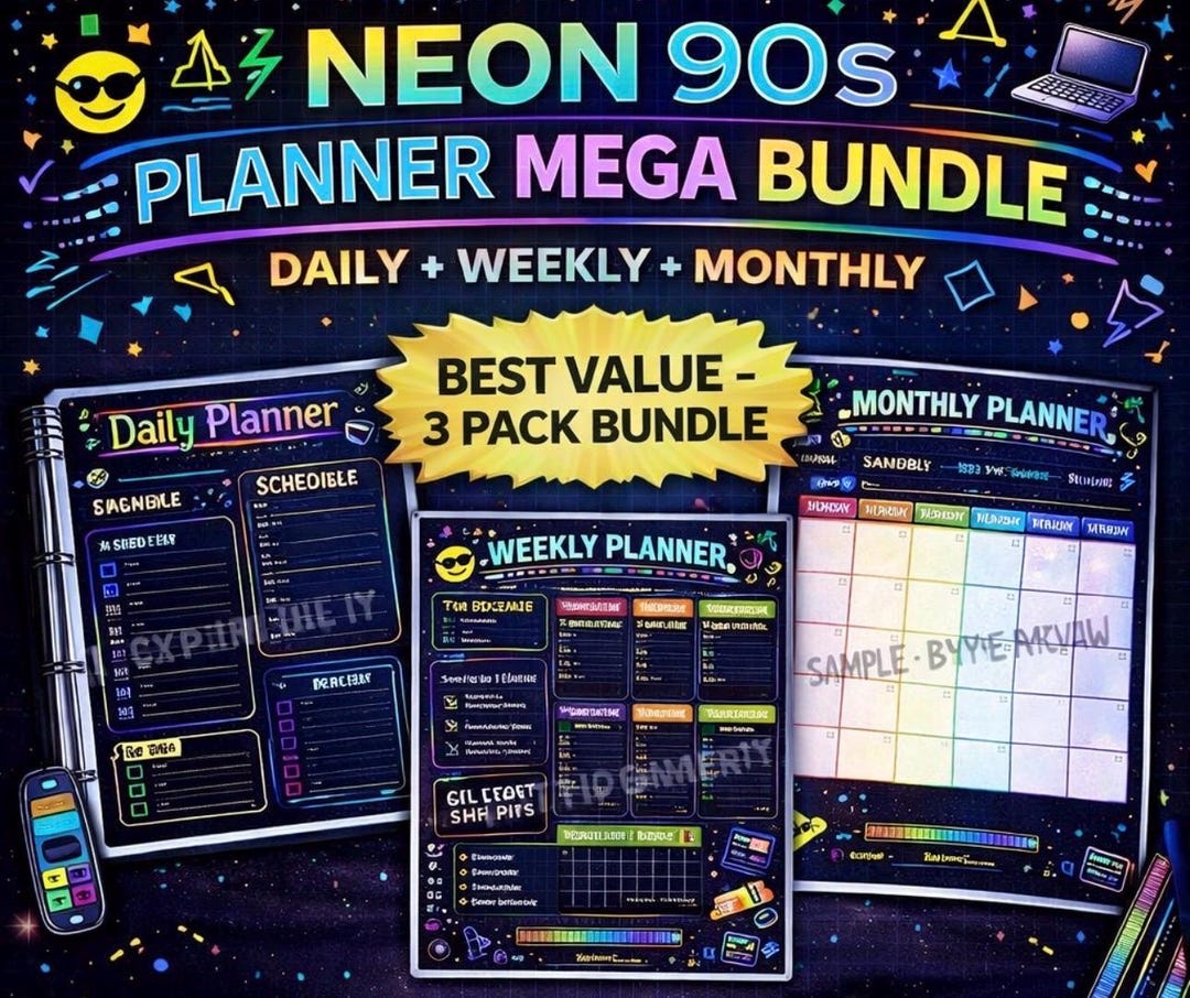 Neon 90s Planner Mega Bundle | Daily + Weekly + Monthly | Retro Y2K ...