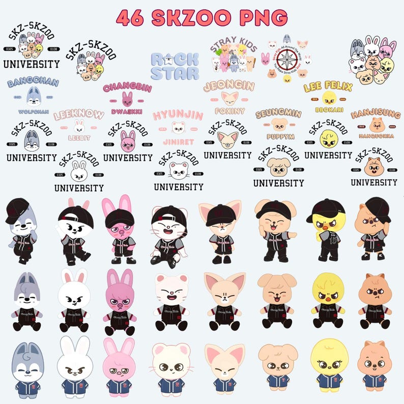 Stray Kids SKZOO PNG Bundle – 46 University K-pop Characters, Digital ...