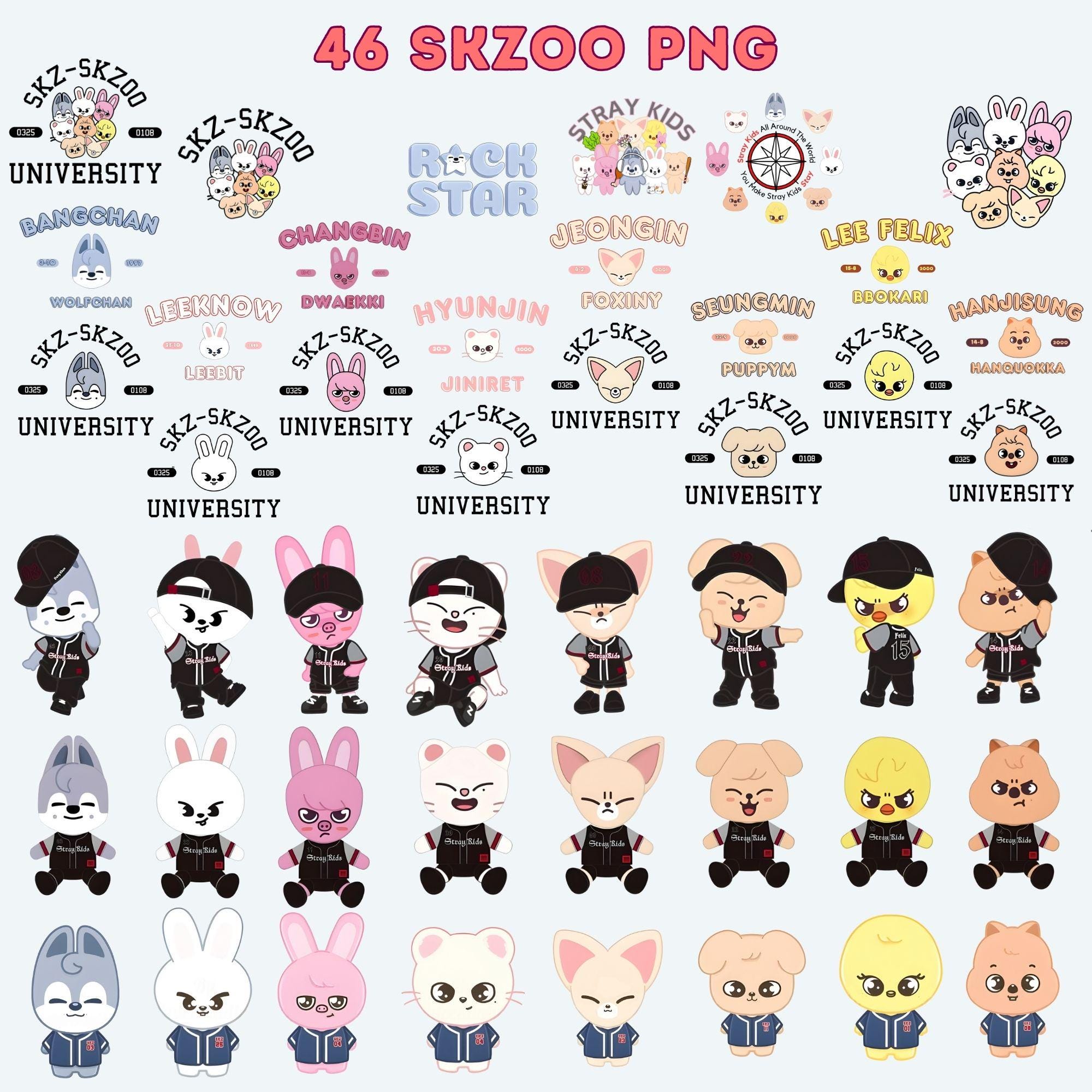 Stray Kids SKZOO PNG Bundle – 46 University K-pop Characters, Digital ...