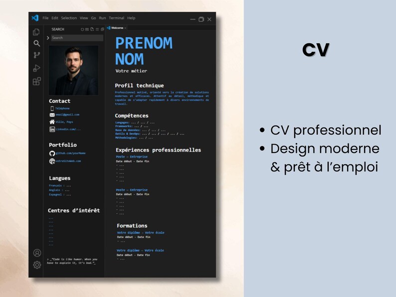 VS Code Style CV Template | Developer Canva Template | Original IT CV ...