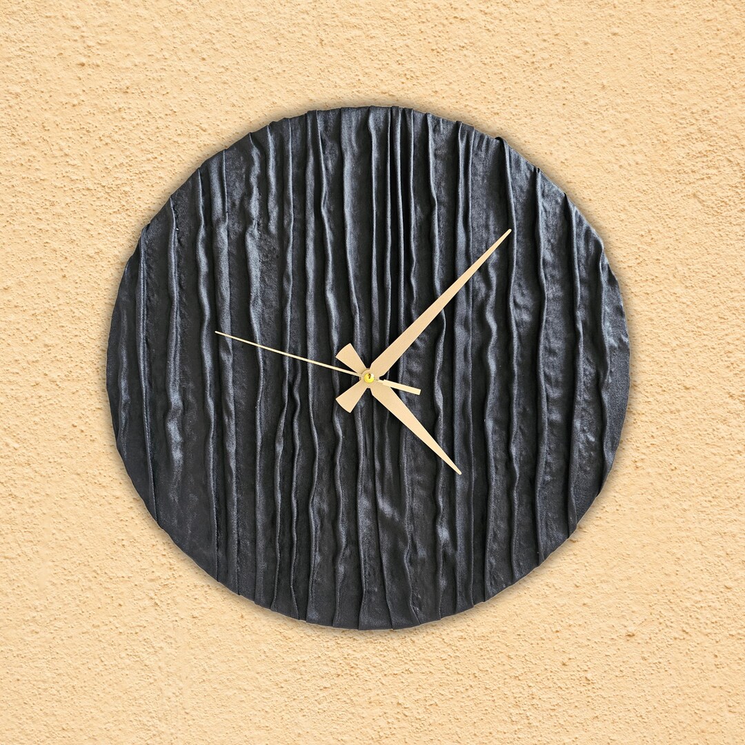 Handmade Fabric Wall Clock, Black Gold Silent 16 Inch, Modern Textile ...