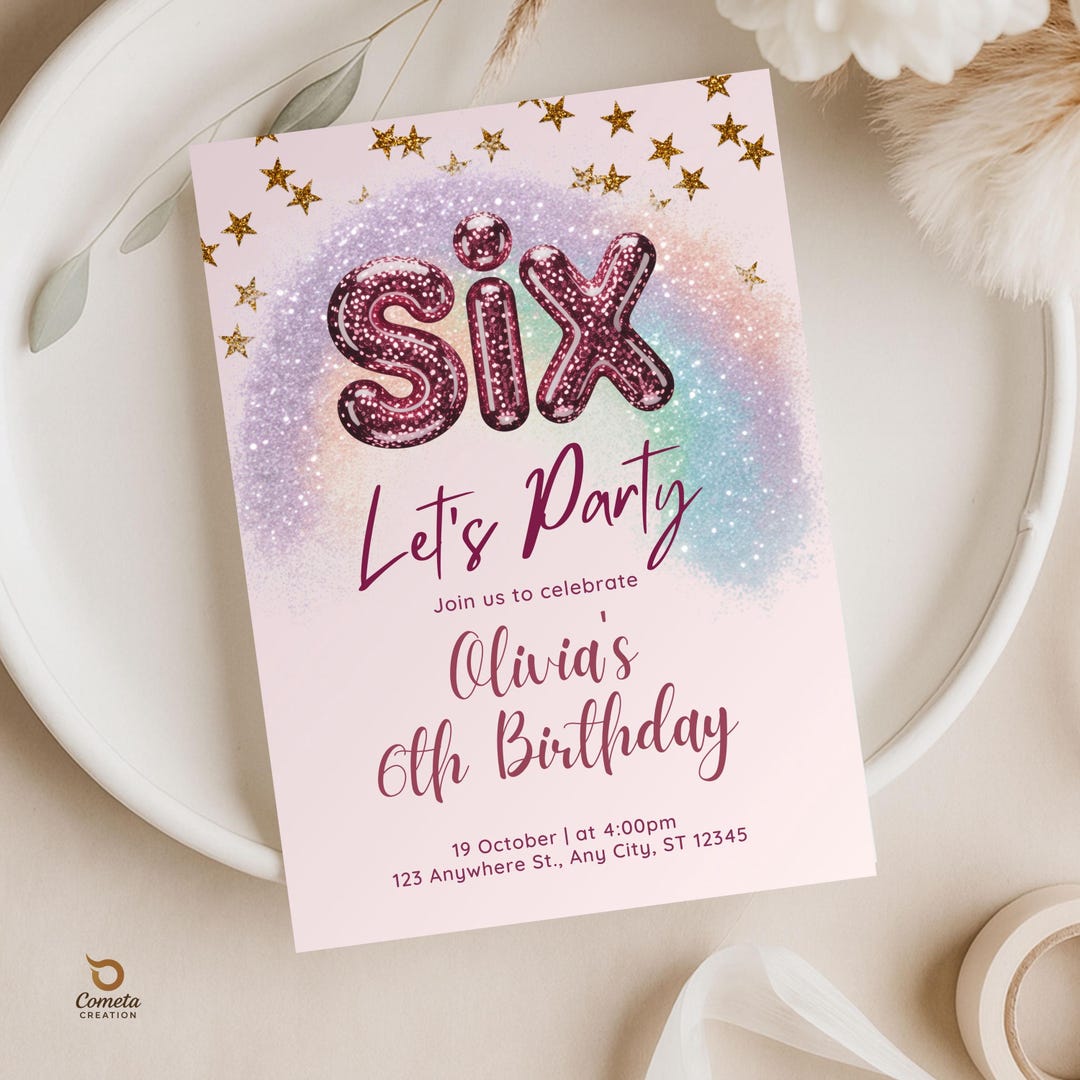 Six Birthday Invitation for Girls, Glitter 6th Birthday Party Invite ...