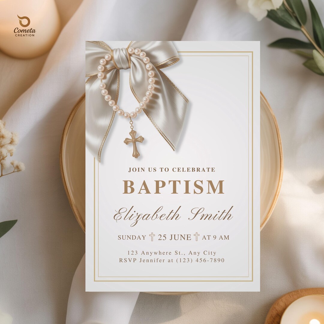 Elegant Baptism Invitation With Cross, Classic Catholic Baptism Invite ...