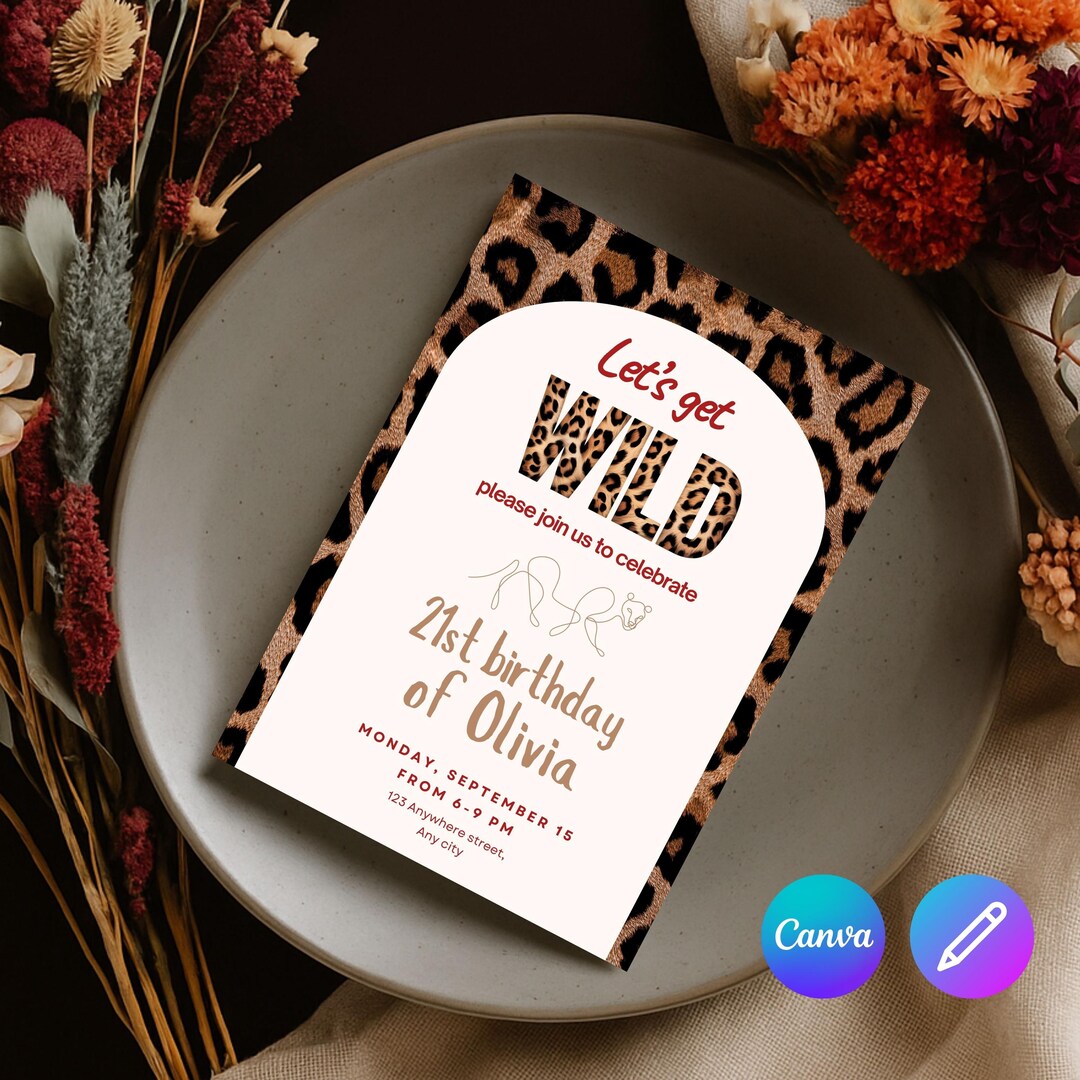Leopard Print Birthday Invitation, Wild Party Invite, Editable Canva ...