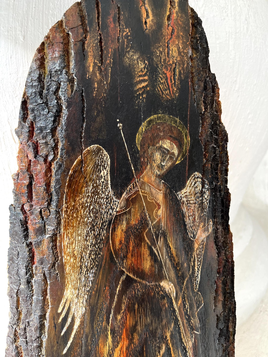 Hand Painted Angel on Ash Wood With Bark. Guardian Angel Archangel ...