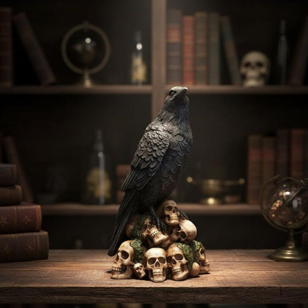 Raven on Skulls Statue Gothic Crow Figurine Black Bird Sculpture ...