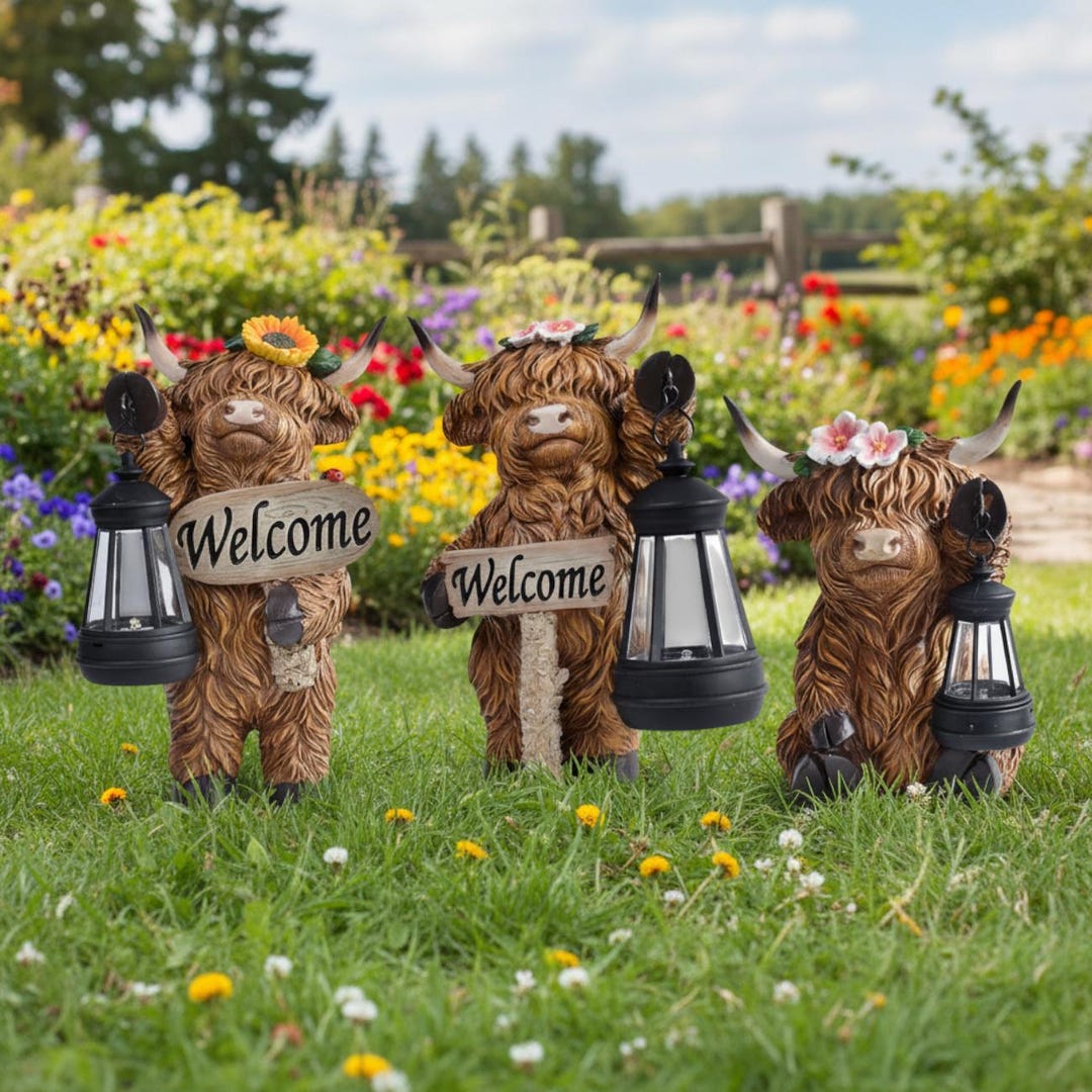 Highland Cow Garden Statue: Solar Lantern, Scottish Farmhouse Decor - Etsy