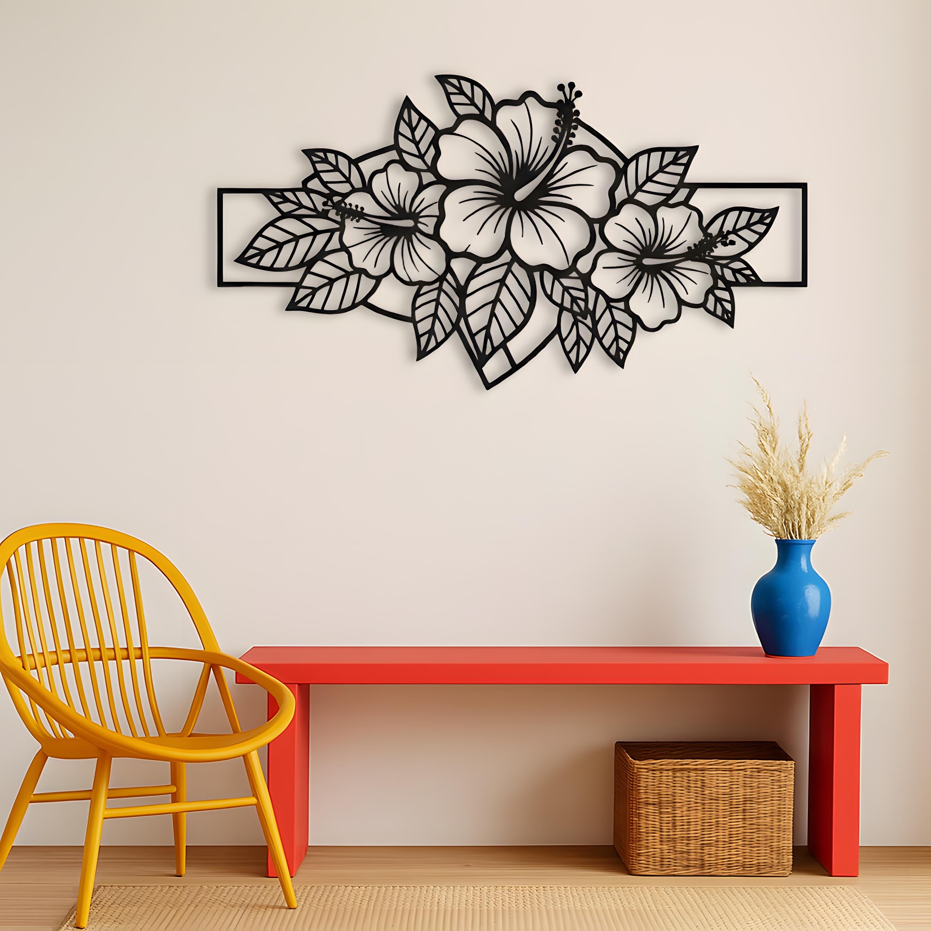 Hibiscus Flower Metal Wall Art, Large Floral Black Metal Sign, Tropical ...