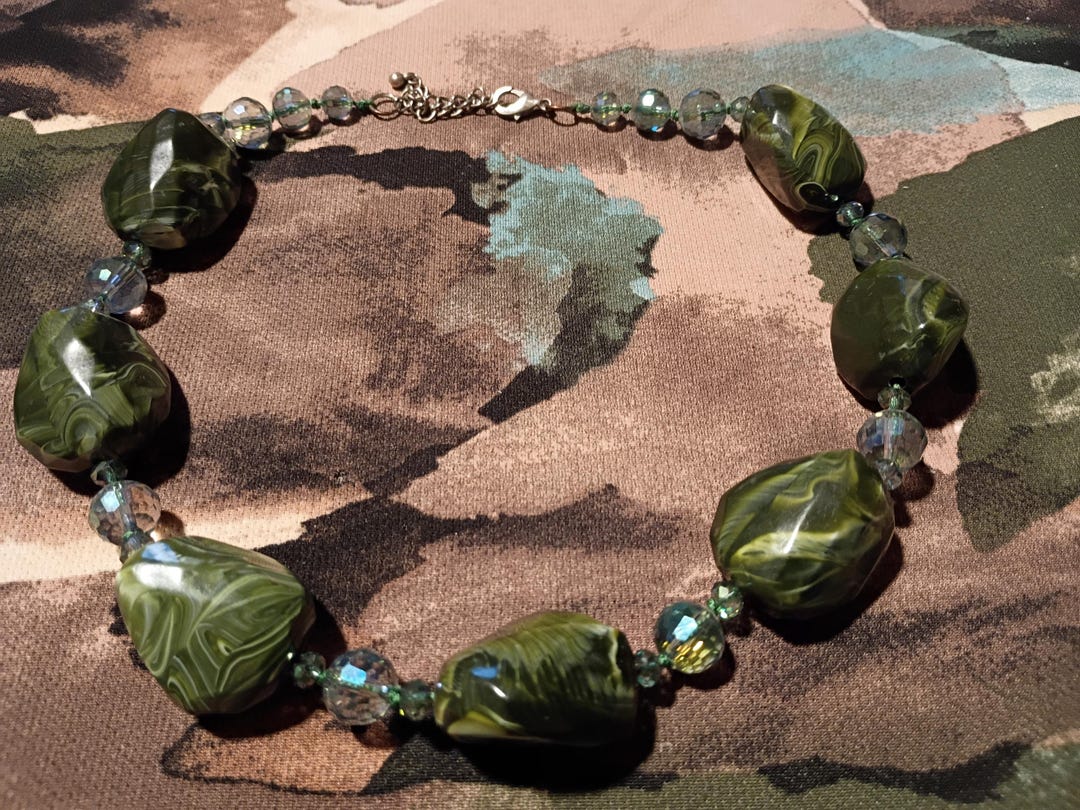 Vintage German Hand Carved Green Bead and Glass Bead Necklace. - Etsy