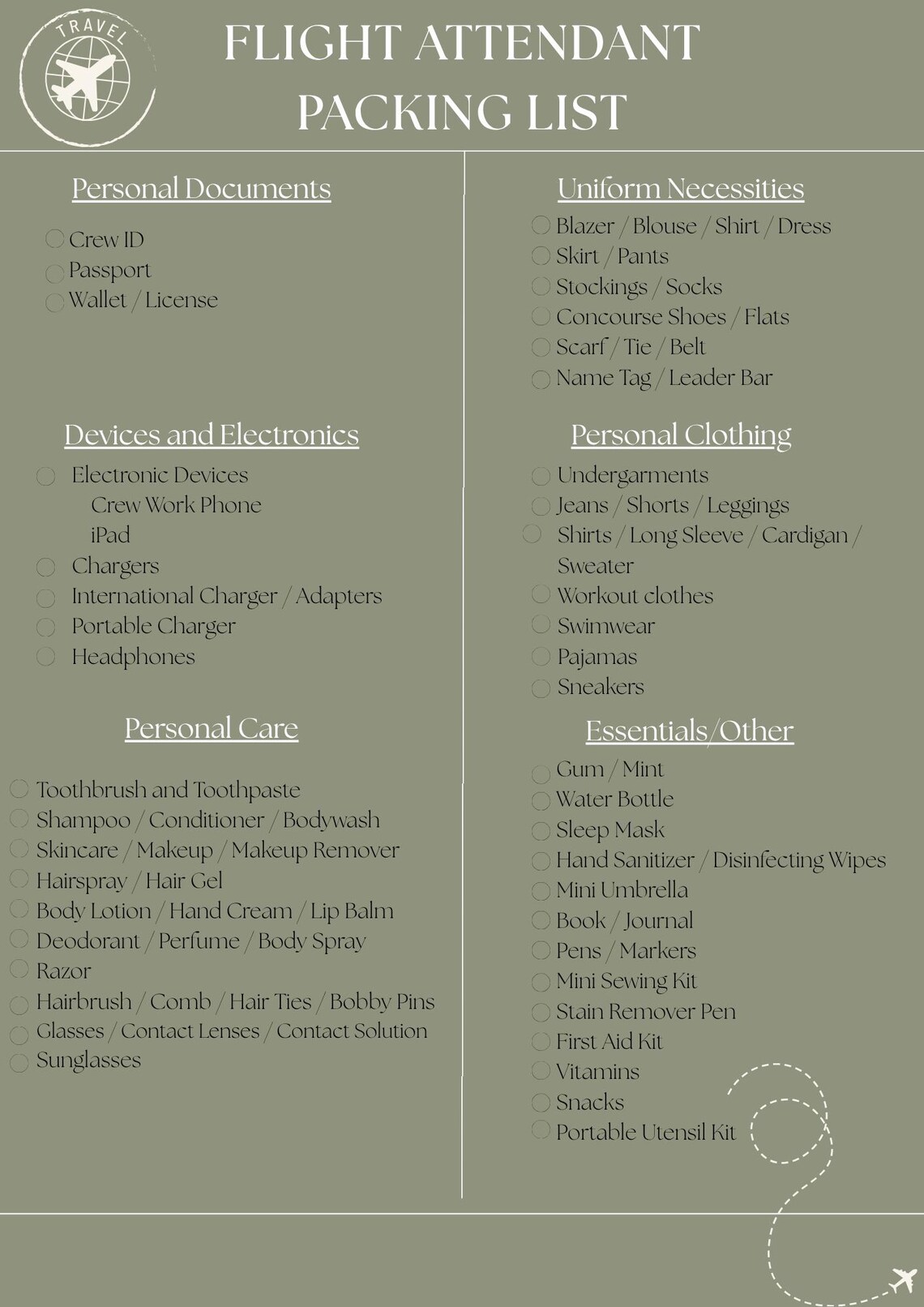 Flight Attendant Packing List (digital) - Etsy