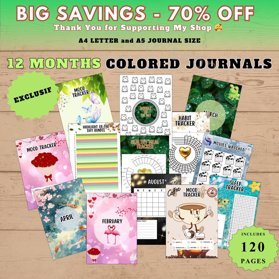 12 Month Journal Bundle Pre-coloured PRINTABLE Planner Pages, A5 & A4 ...