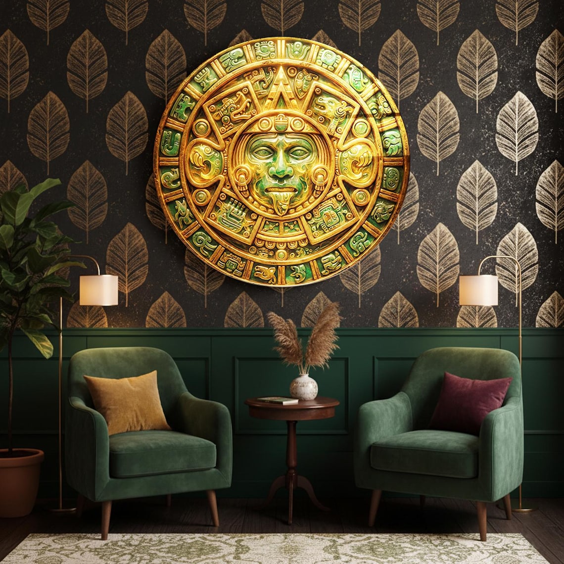 Aztec Calendar Glass Wall Art Gold Green Sun Stone Design, Ancient ...