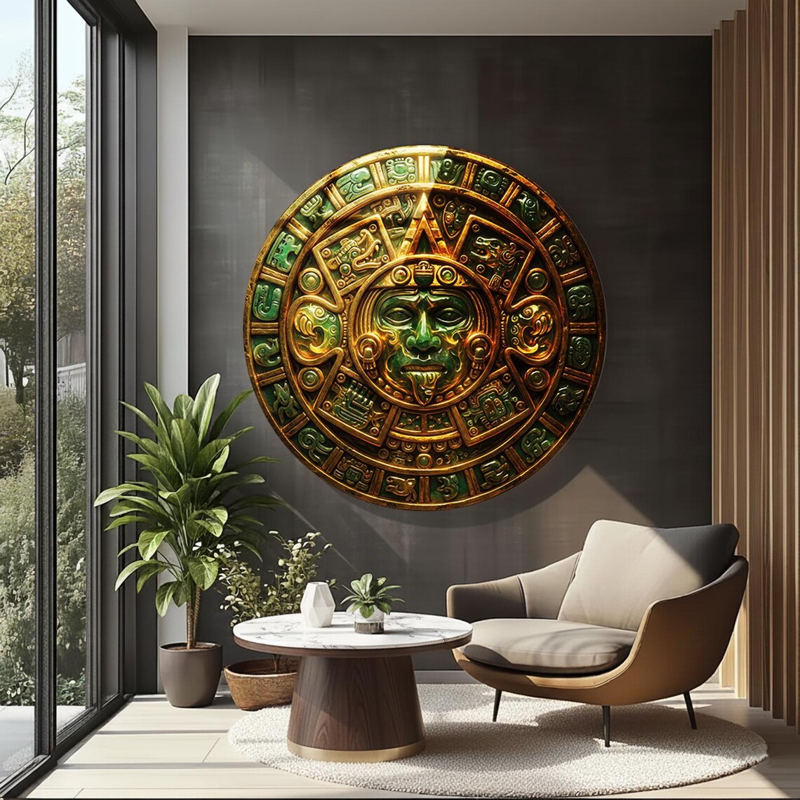Aztec Calendar Glass Wall Art Gold Green Sun Stone Design, Ancient ...